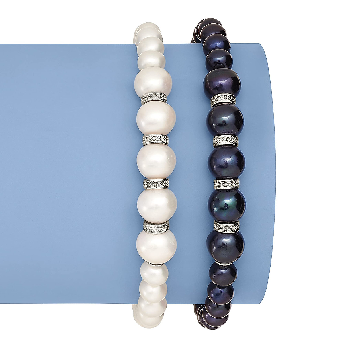 Ross-Simons 6-8.5mm Black Cultured Pearl and .25 ct. t.w. Diamond Stretch Bracelet With Sterling Silver. 7 inches