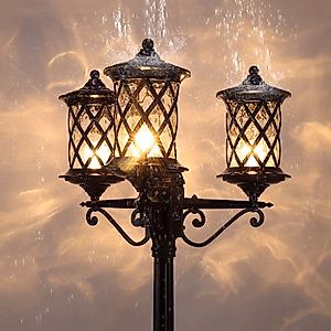TQXDD Vintage 3-Heads Garage Landscape Street Light Outdoor Waterproof Courtyard Garden Pillar Lamp European Villa Home Retro Glass Post Lantern Aluminum High Pole Light Pathway