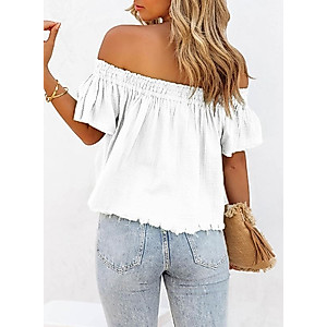 Dokotoo Women's Sexy Off The Shoulder Tops Summer Fashion 2024 Solid Cotton Flowy Crop Tops Shirred Neck Ruffle Sleeve Blouses for Work Out XX-Large White