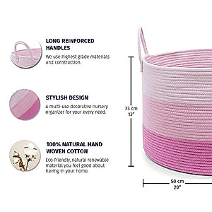 OrganiHaus Pink Baby Laundry Baskets for Organizing 20x13, Extra Large Basket for Blankets, Storage Basket for Living Room, Nursery Laundry Hamper, Cotton Rope Basket, Woven Laundry Basket
