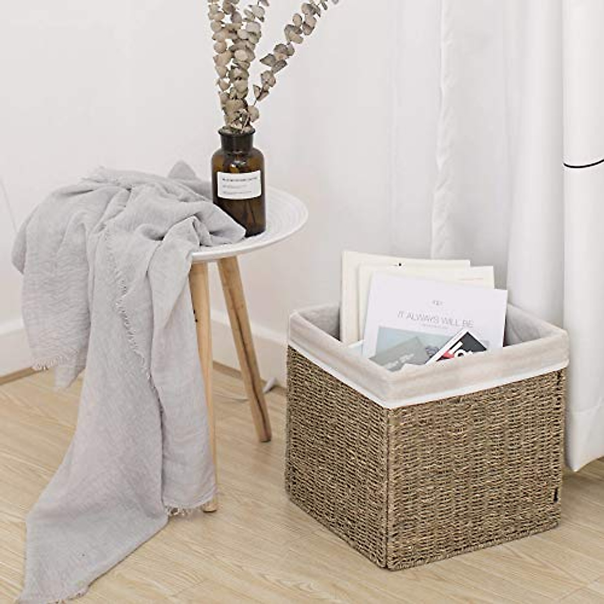 StorageWorks Rectangular Wicker Baskets for Shelves, Seagrass Hand-Woven Baskets with Linings, Medium, 10 ¼ x 10 ¼ x 10 ¾ inches, 2-Pack