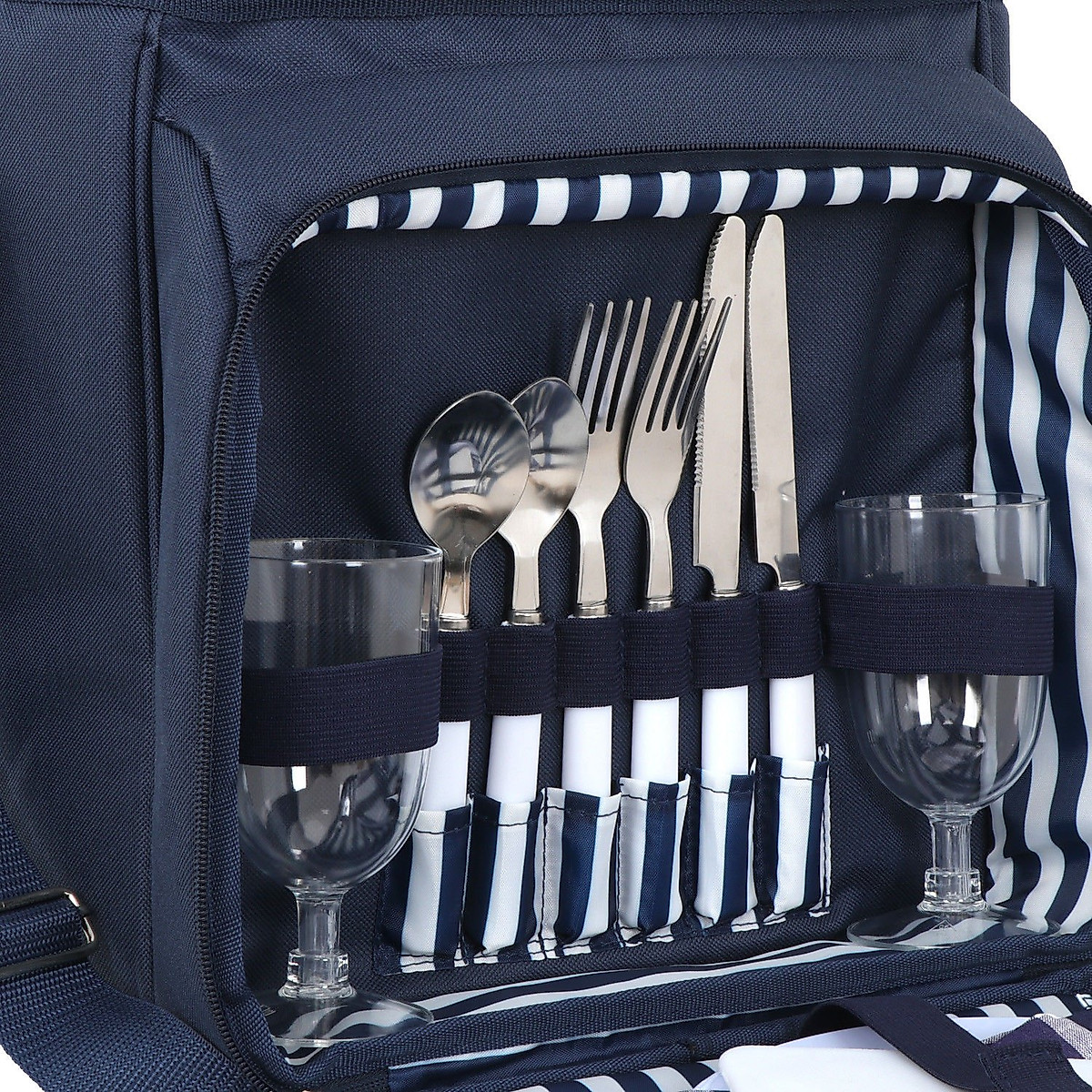 2 Person Blue Tartan Insulated Picnic Bag Set W/Cooler Section