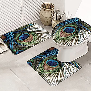 Fashion 3 Piece Bath Rugs Set Elegant Peacock Feather Abstract Printed Non Slip Ultra Soft Bathroom Mats, U Shape Mat and Toilet Lid Cover Mat Bath Mats