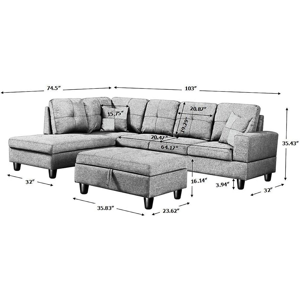 GINGVAT Faux Leather Sectional Sofa Couch L-Shape with Left Chaise Storage Ottoman & 2 Pillows, Living Room Furniture Sets, Black