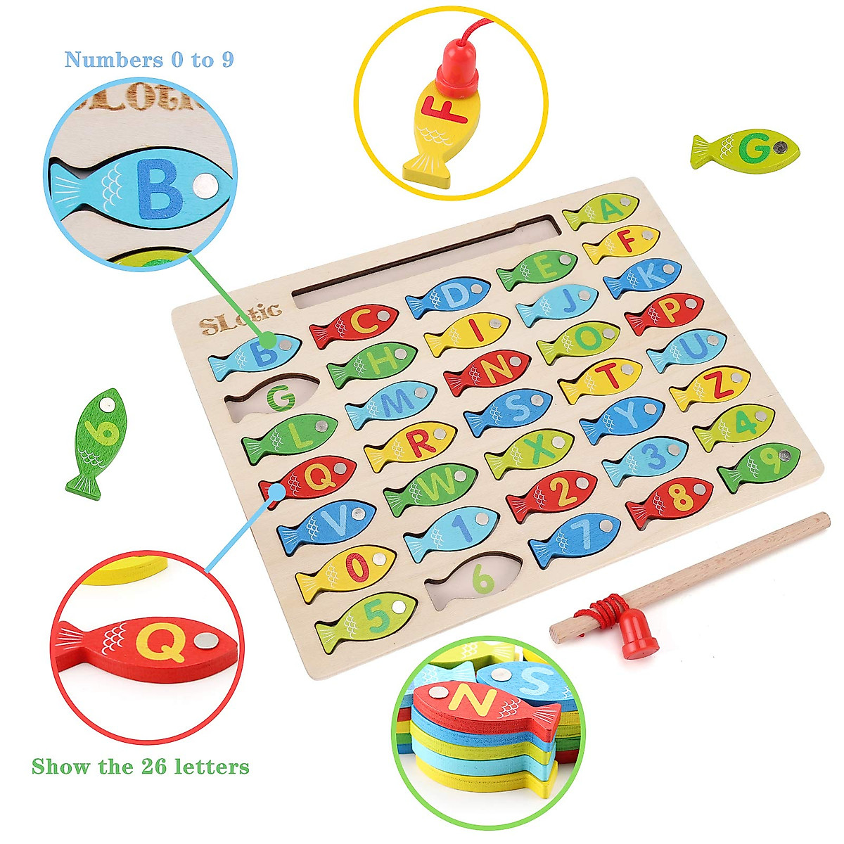 Slotic Magnetic Wooden Fishing Game Toy for Toddlers - Alphabet ABC Fish Catching Counting Learning Education Math Preschool Board Games Toys Gifts for 3 4 5 Years Old Girl Boy Kids