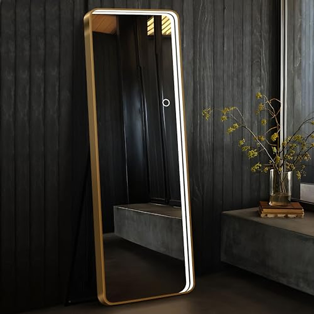 SDHYL Full Length Mirror with Lights, 64"x20" LED Mirror Full Length with Stand, Full Body Mirror with Touch Button and Plug, Dimmable Brightness Dressing Mirror for Living Room, Round Coner, Gold