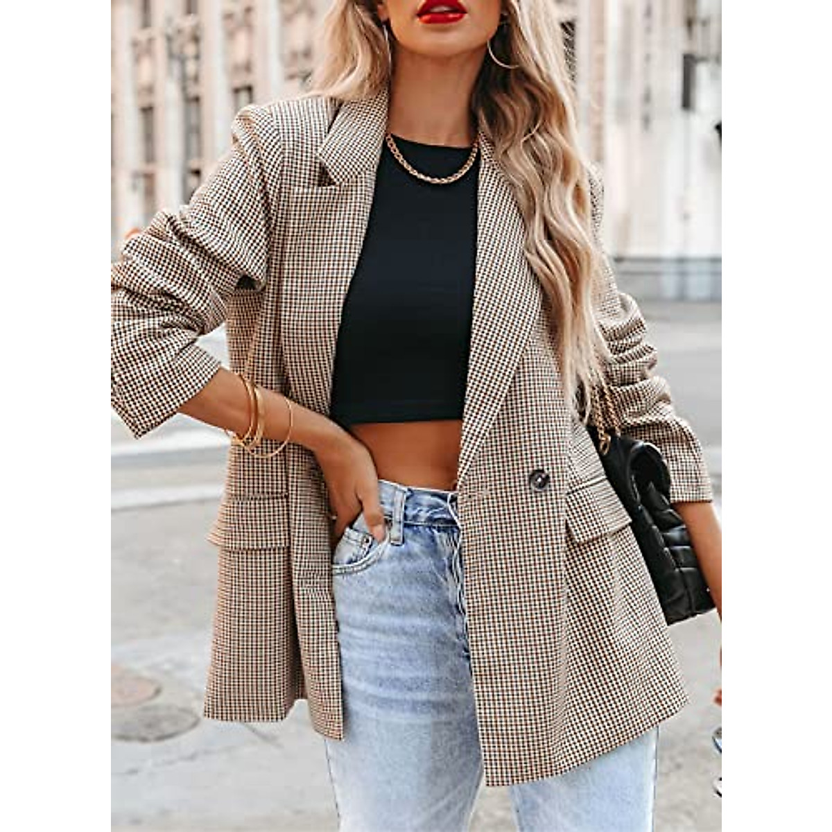ARTFREE Womens Casual Blazer Button Lapel Long Sleeve Work Business Plaid Blazers Jackets Outfits with Pockets XL