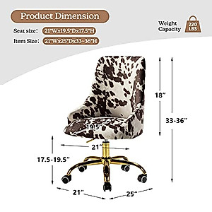 TINA'S HOME Upholstered Desk Chair Modern Armless Office Chair with Wheels, Adjustable Swivel Fabric Task Chair for Living Room, Bedroom, Vanity Room(Gold Base, Cowhide)