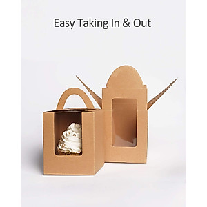 qiqee Kraft Cupcake Boxes 60 Packs Individual Cupcake Holders Disposable Brown Single Cupcake Boxes with Window 3.6 * 3.6 * 4.3inch Cupcake Containers