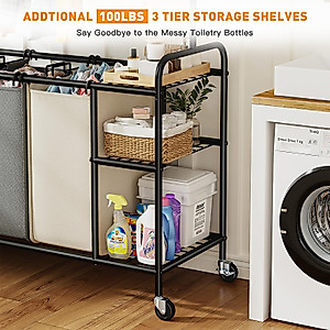 Raybee Laundry Hamper, Laundry Basket, Laundry Sorter, 200L（53Gal）Laundry Basket with Wheels, Laundry Sorter 3 Section, Laundry Hamper with 13" Adjustable Hanging Bar and 3 Tier Shelves