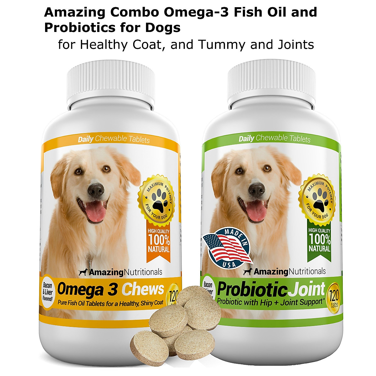 Amazing Combo Omega-3 Fish Oil and Probiotics for Dogs - Pure All-Natural Pet Antioxidant - Promotes Shiny Coat, Brain Health, Eliminates Diarrhea Gas and Joint Pain, 120 Tasty Chews x 2