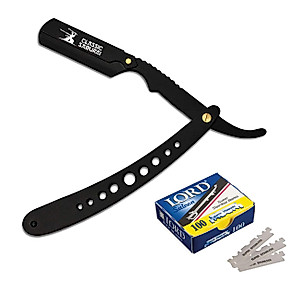 Classic Samurai New Ergonomic Design Stainless Steel Professional Folding Straight Edge Barber Razor Shavette Manual Shaver with 100 Lord Single Blades (Matte Black + 100 Lord Blades)
