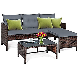 Tangkula Patio Corner Sofa Set 3 Piece, Outdoor Rattan Sofa Set, Includes Lounge Chaise, Loveseat & Coffee Table, Patio Garden Poolside Lawn Backyard Furniture (Gray)