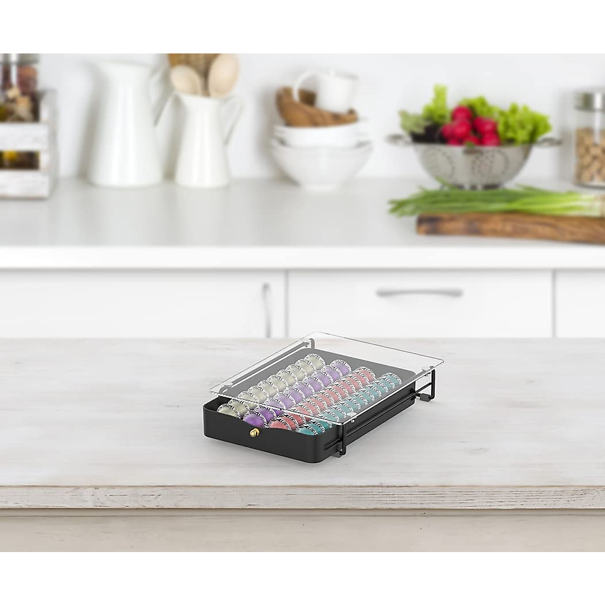 EVERIE Crystal Tempered Glass Top Organizer Drawer Holder Compatible with Nespresso Vertuo Capsules, Compatible with 40 Big or 52 Small Vertuoline Pods, NP02