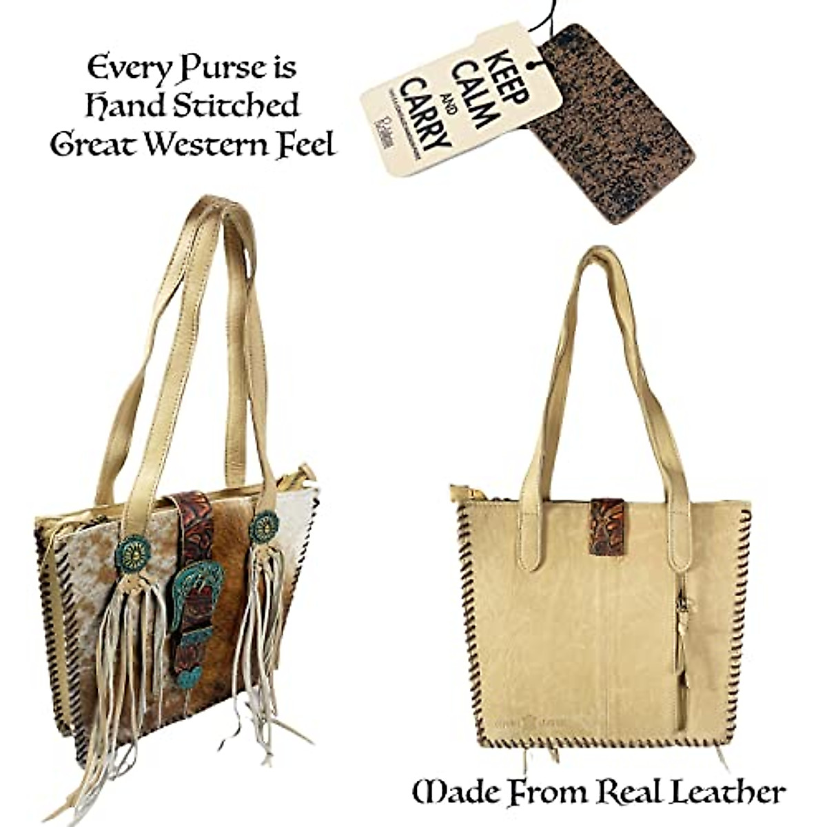 Urbalabs Western Cowhair Concealed Carry Shoulder Bag Buckle Fringe Purse Genuine Leather Handmade Stitched Handbag (Light Brown)