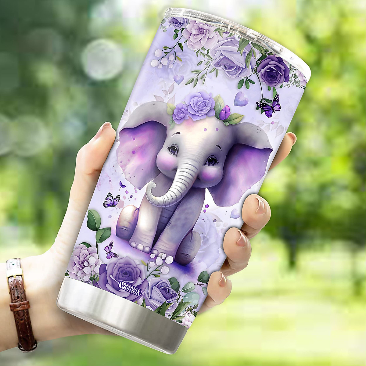 WONWIX Personalized Elephant Tumbler Customized Name Elephants Mug Gift Mugs Funny Gifts For Adults Purple Flowers Cups 20oz Insulated Stainless Steel Coffee Cup With Lid