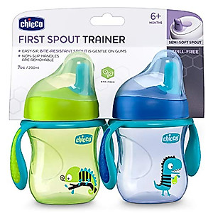 Chicco Semi-Soft Spout Spill Free Baby Trainer Sippy Cup, 6 Months, Blue/Teal, 7 Ounce (Pack of 2)