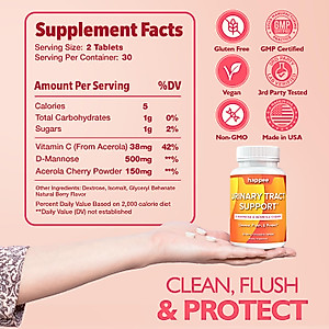 Happee Urinary Tract Health Supplement for Women & Men – Fast-Acting UTI Relief and Prevention, 500mg D-Mannose & Antioxidants, Supports Kidney and Bladder Health, Berry Flavor, 60 Chewables