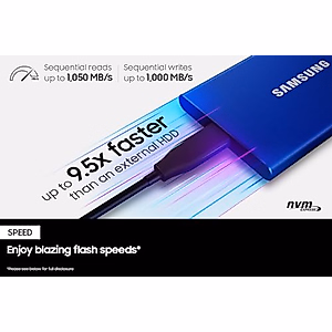 SAMSUNG T7 Portable SSD, 500GB External Solid State Drive, Speeds Up to 1,050MB/s, USB 3.2 Gen 2, Reliable Storage for Gaming, Students, Professionals, MU-PC500H/AM, Blue