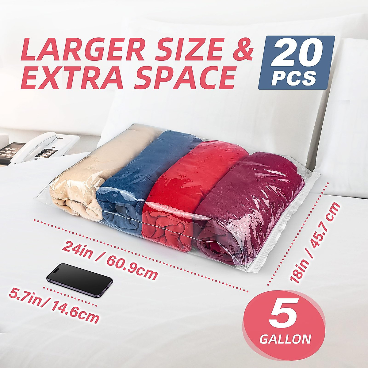 Boeyamto 20 Count 18" x 24" Extra Large Plastic Bags, 5 Gallon Storage Bags for Clothes, Trip, Moving, Camping. Giant Bags for storage. Travel Essential, Perfect Storage Accessories