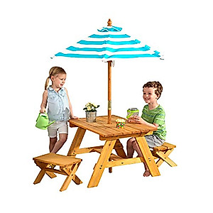 KidKraft Outdoor Wooden Table & Bench Set with Striped Umbrella, Children's Backyard Furniture, Turquoise and White, Gift for Ages 3-8, Amazon Exclusive