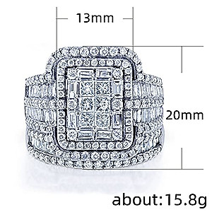 LVSHI 18K White Gold Square Moissanite Simulation Diamond Ring Fashion Diamond Ring Proposal Engagement Ring Single CZ Zircon Female Ring Size 6-10 (Size 8),C7