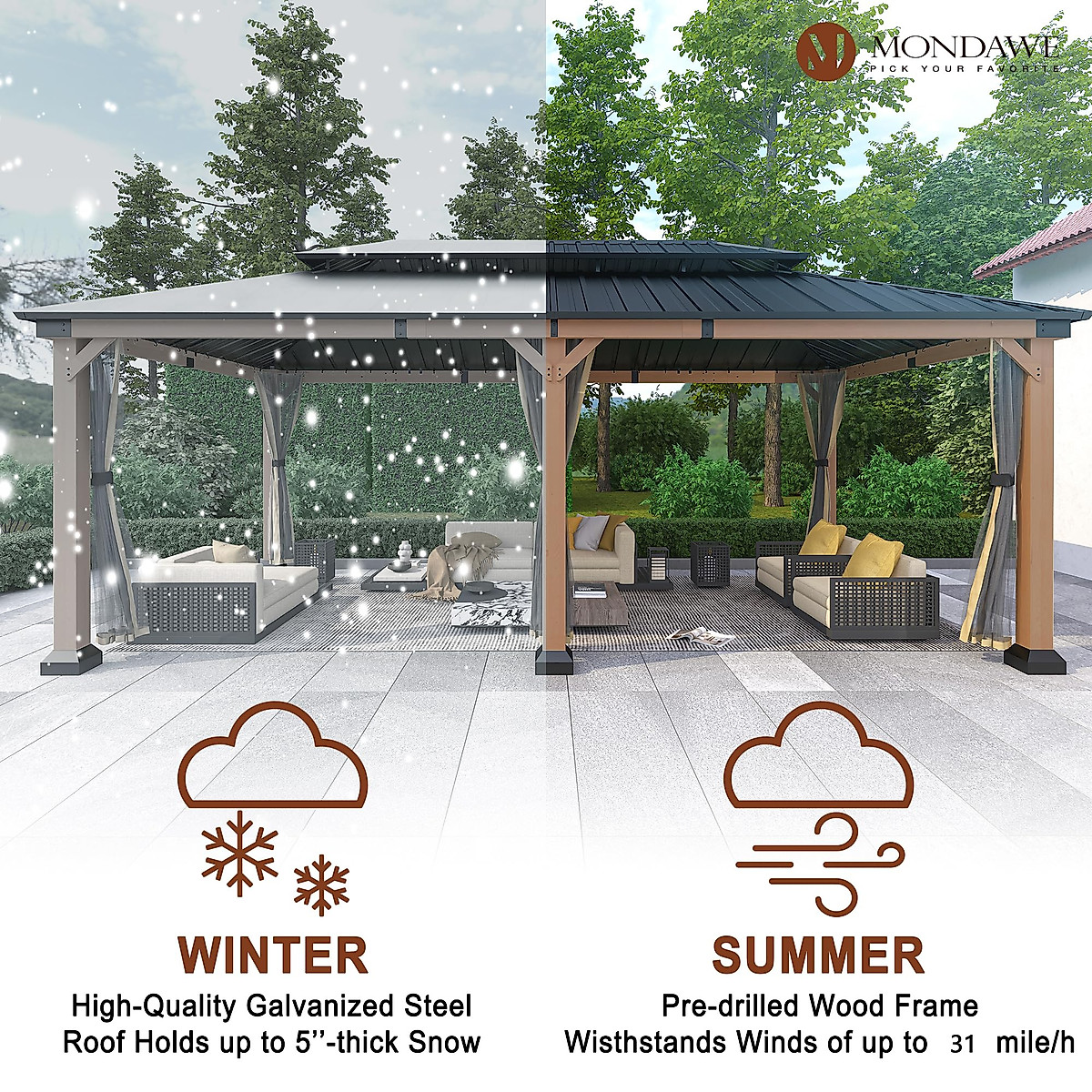 Cedar Wood Gazebo 12x20Ft Hardtop Gazebo Solid Cedar Wood Framed Gazebo Canopy Outdoor Fir Wood Galvanized Steel Double Roof Pavilion Heavy Duty for Patio Lawn Garden with Netting