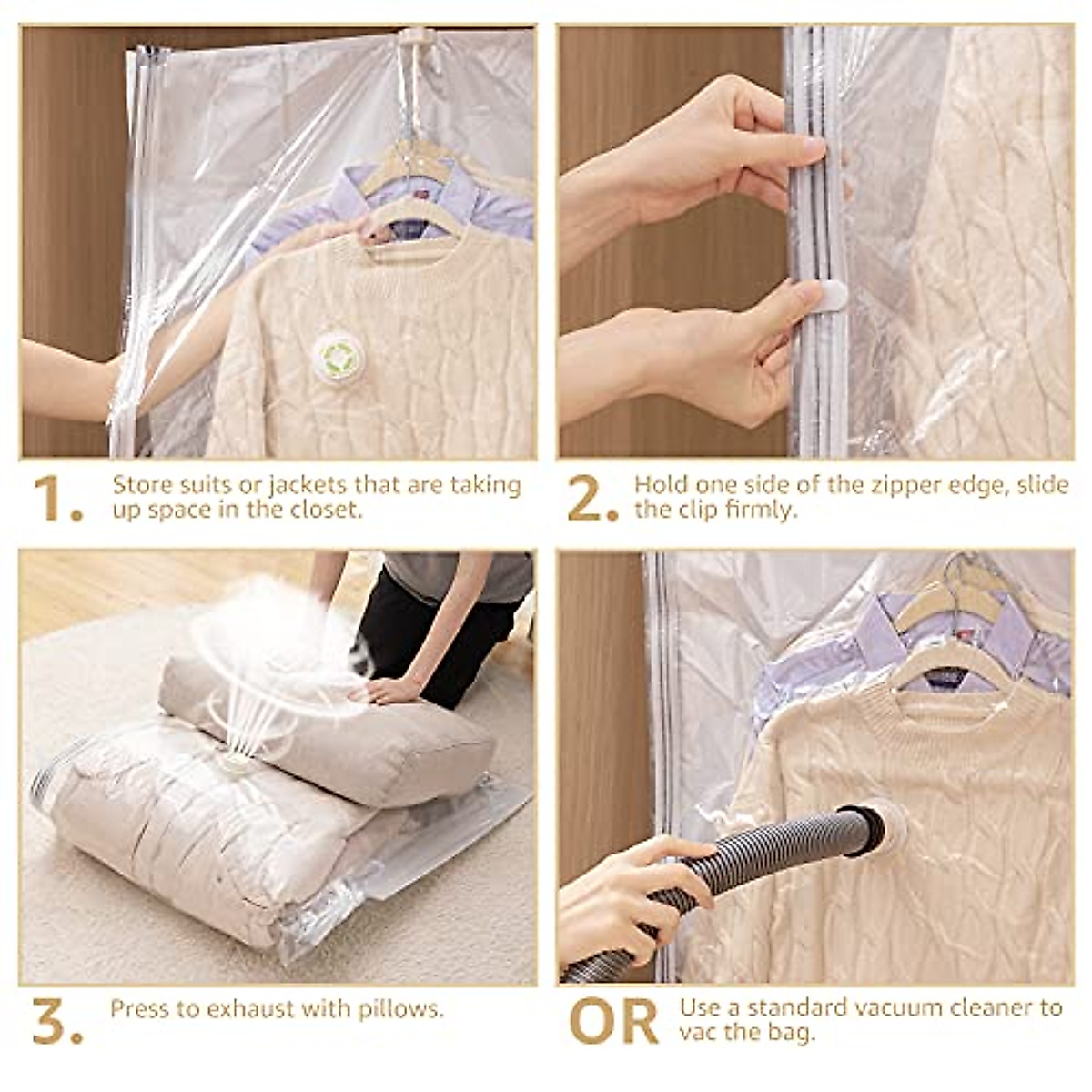 LEVERLOC Hanging Vacuum Storage Space Saver Bags for Clothes Winter Coat Garment Dress Jacket Suit Sweater Clothing Hanger Closet Organizer, Upgrade Valve Side Expandable 80% Space Save 6 Packs, 3 Long 3 Short