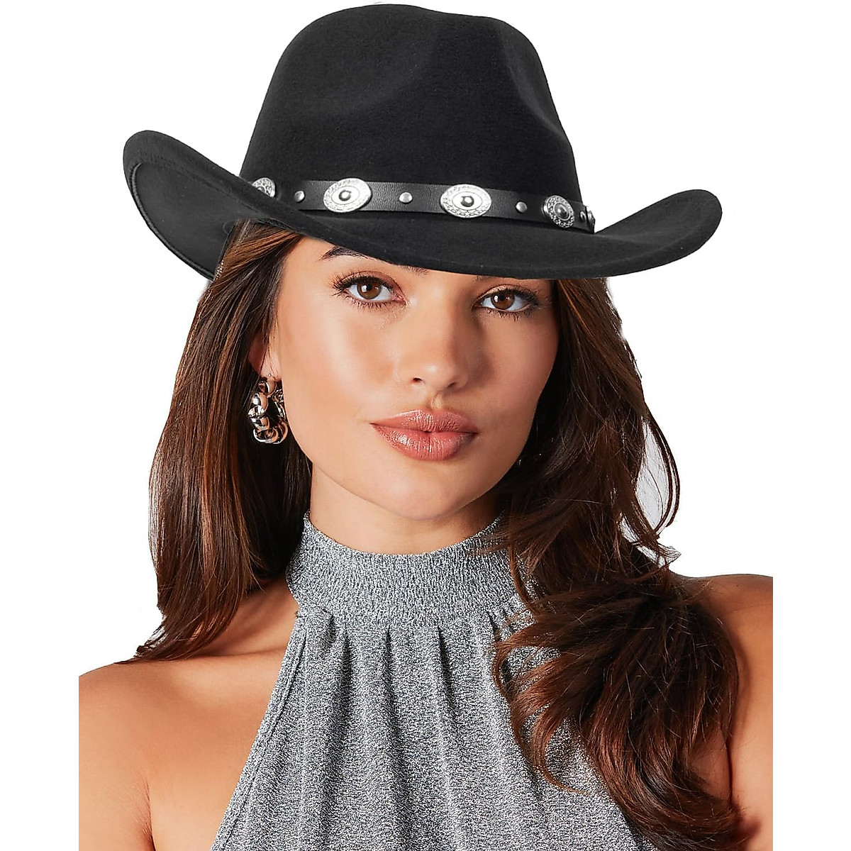 Classic Western-Cowboy-Hat for Women and Men - Wide Brim Roll Up Fedora-Hat Felt Cowboy Cowgirl Hat Fit for M-L (US, Numeric, 7, Black-3)
