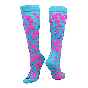 TCK Krazisox - Leopard Over the Calf Socks (Turquoise/Hot Pink, Small)