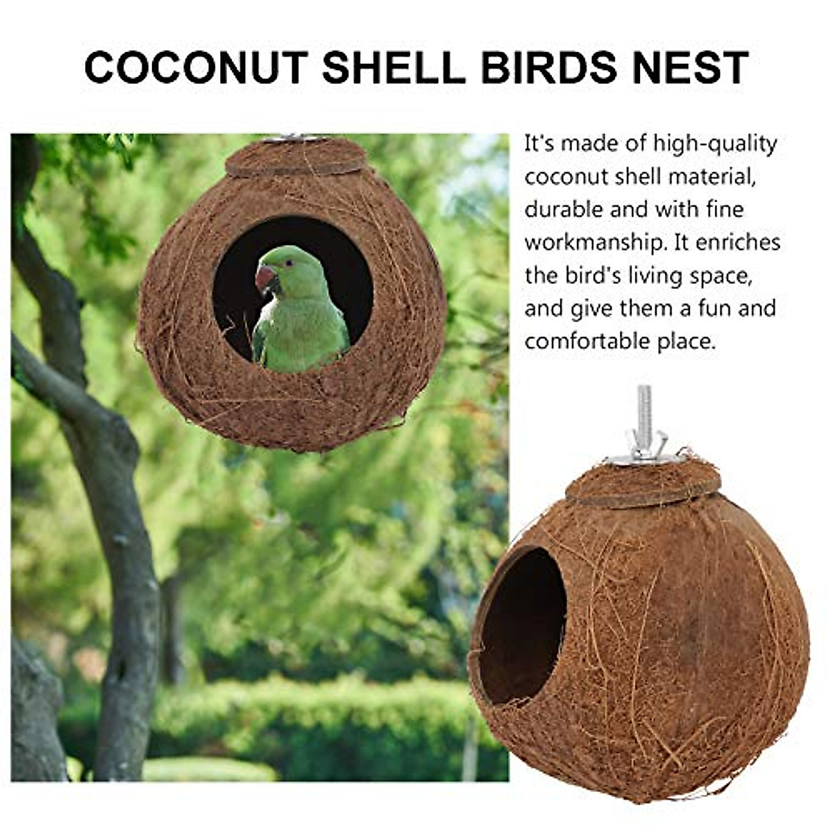 balacoo 3 pcs Coconut Shell Bird Nest Reptile Hanging Hideout Bird House Bird bite Shell House Coco Finch hut Gecko Coco hut Birds Nest Parrot Toy Bird cage Stainless Steel The Bird's nest