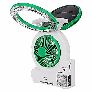 RERBO Multi-Function Solar Fan with Radio/MP3/Table Lamp/Torch/Cell Phone Charging Portable Emergency Outdoor Electric Fan for Camping Fishing and Hurricane (Green)