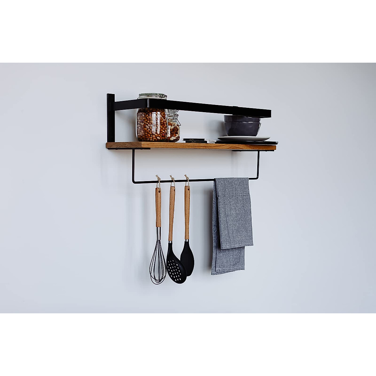 Wood Floating Shelves with Metal Towel Bar, Oak Kitchen Wall Storage Towel Rack, Bathroom Towel Holder, Wall Mounted Steel Towel Rack ETHIMO Bold I