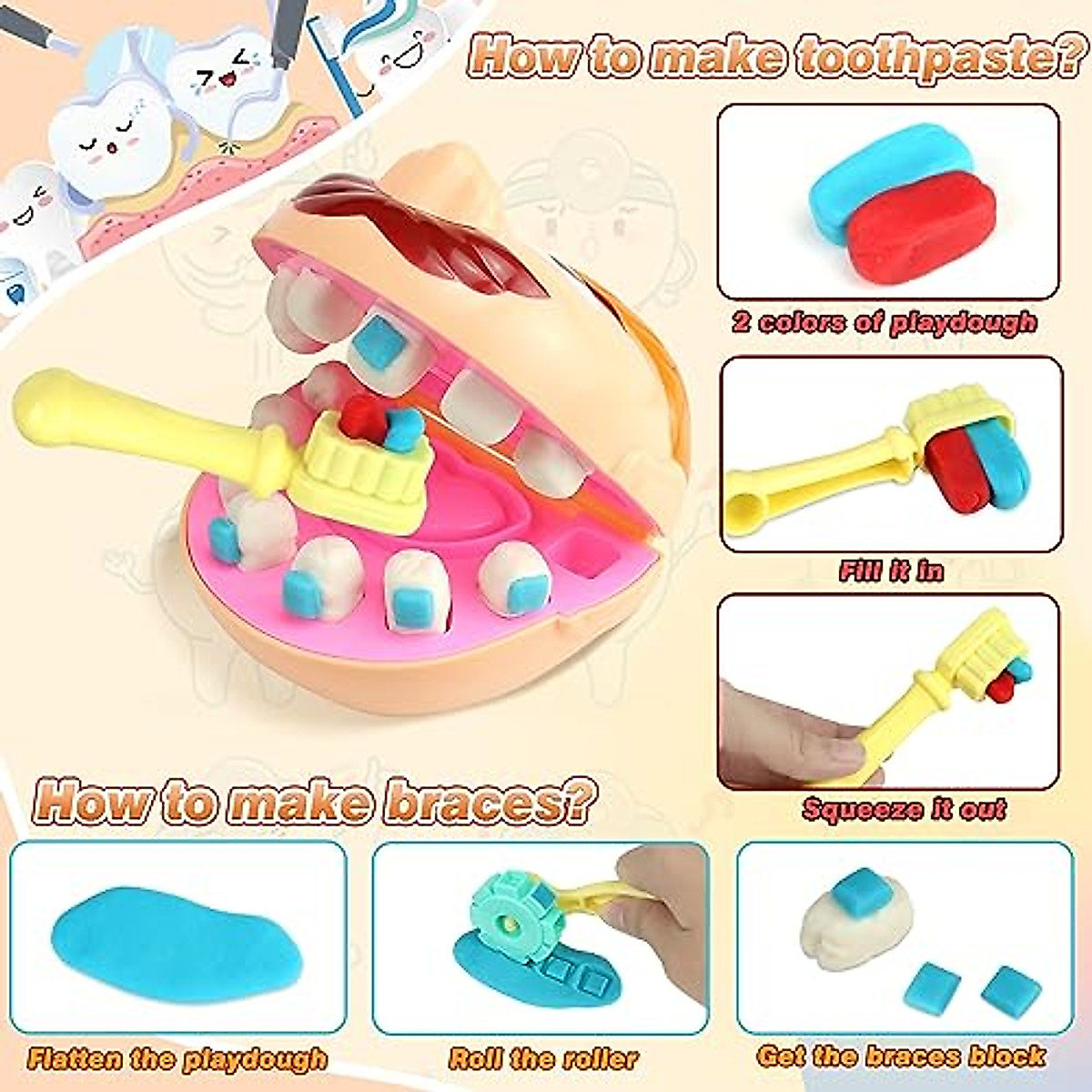 Deardeer Play Dough Dentist Set Doctor Drill and Fill Playset Retro Playdough Creation with Moulds and Models Kids Gift Set