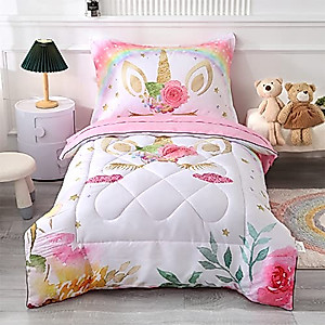Wowelife Toddler Bedding Sets for Girls, Premium 4 Piece Unicorn Bedding Toddler Bed Set Rainbow, Pink Toddler Comforter Set, Super Soft and Comfortable for Toddler