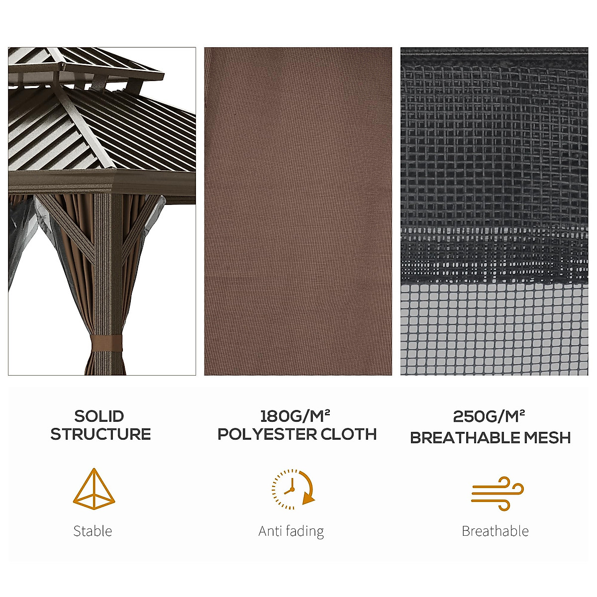 Outsunny 12' x 12' Hardtop Gazebo with Curtains and Netting, Permanent Pavilion Metal Double Roof Gazebo Canopy with Aluminum Frame and Hooks, for Garden, Patio, Backyard, Brown