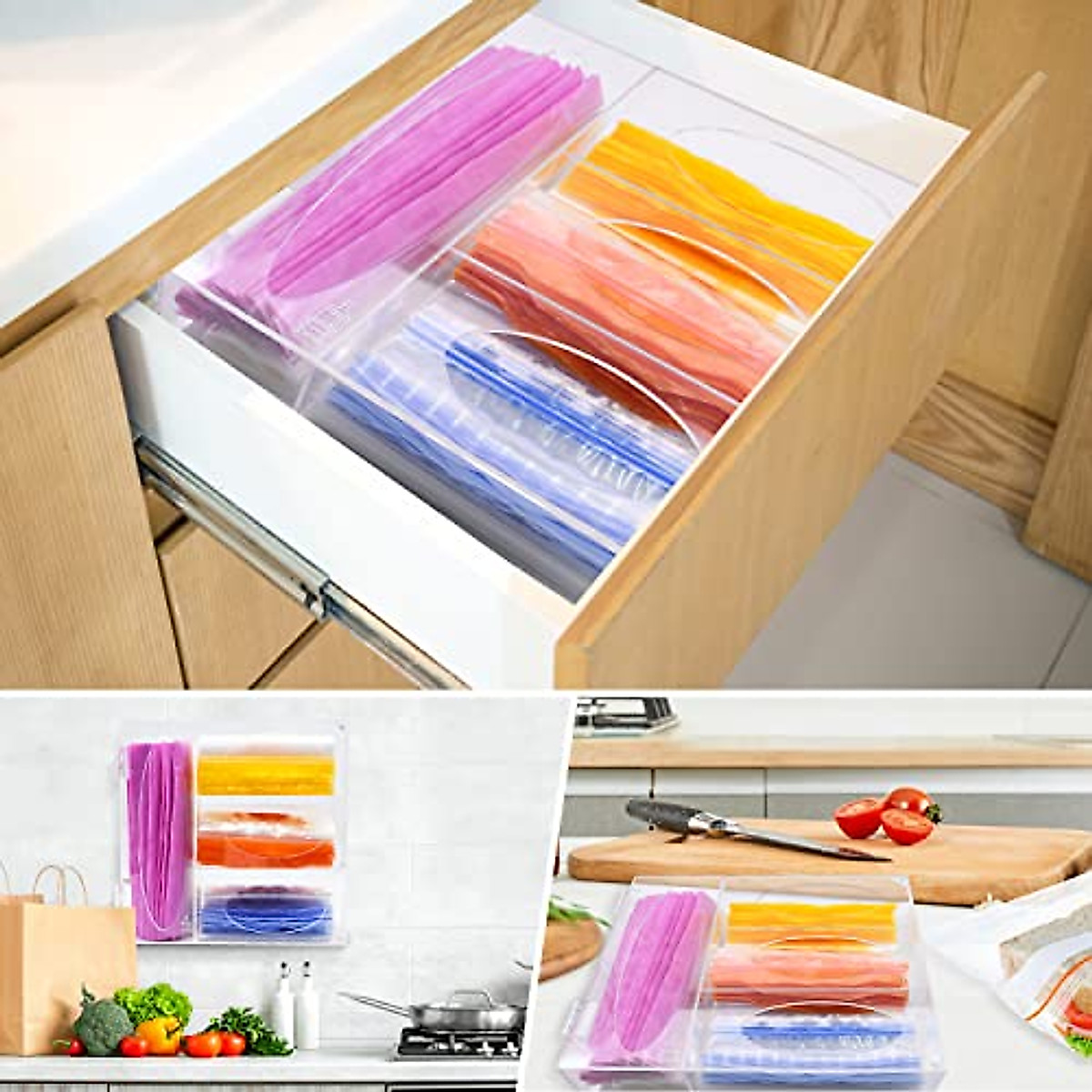 Bag Storage Organizer, Acrylic Food Storage Bag Organizer, Clear Bag Storage Organizer for Solimo, Hefty, Glad, Compatible with Gallon, Slider Quart, Freezer, Sandwich, Snack