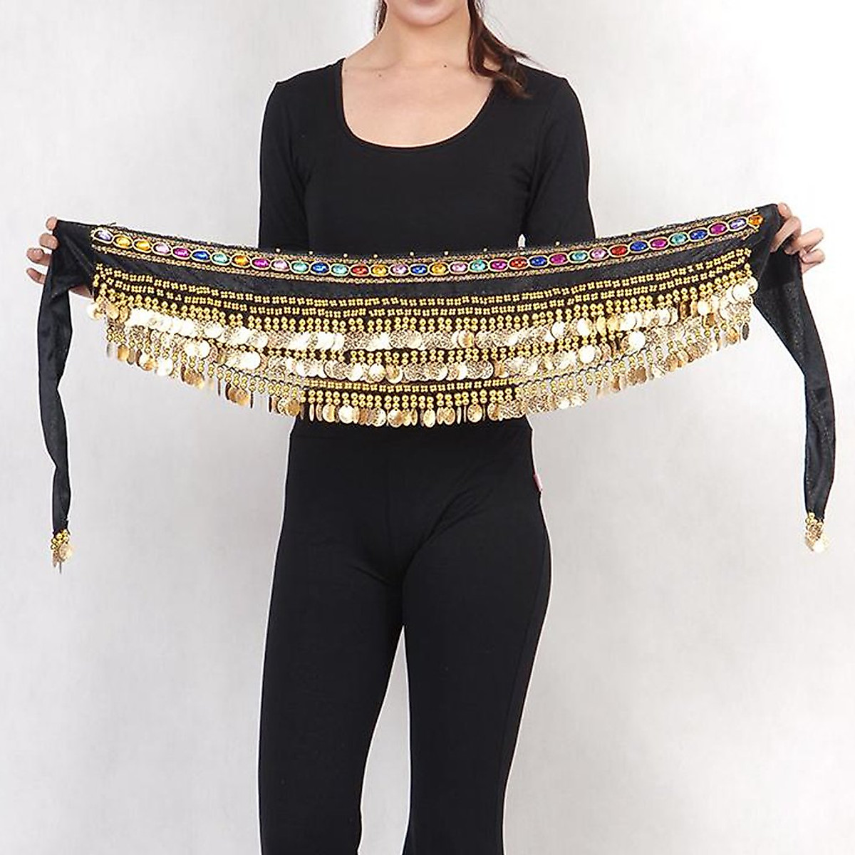 MUNAFIE Belly Dance Hip Scarf Belly Dancing Multi-Row Coin Noisy Belt Skirt Black