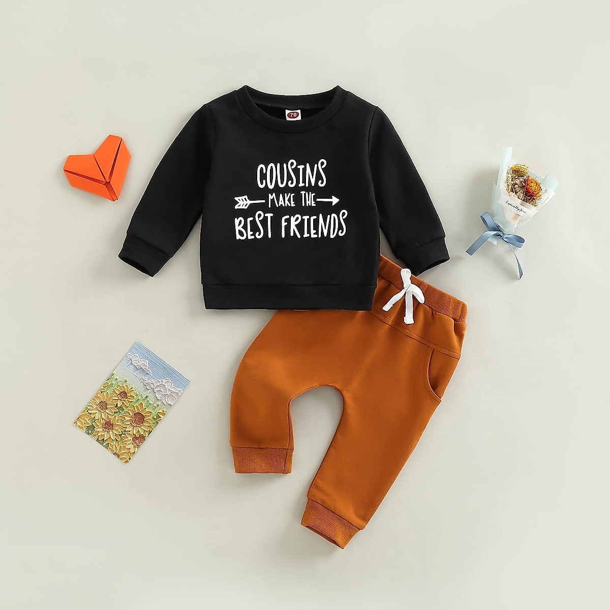 Kuriozud Fall Baby Boy Outfits Cousins Long Sleeve Crew Neck Sweatshirt Pullover Top+Solid Drawstring Pants Set (Black Brown, 3-6 Months)