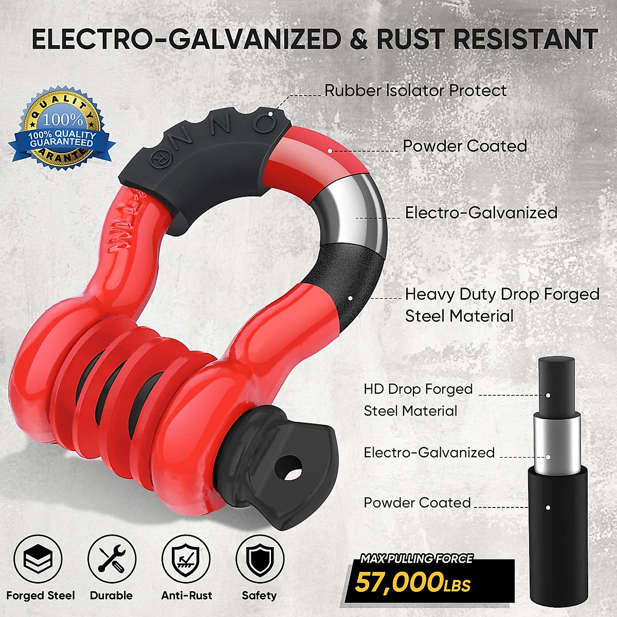 TICONN 2 Pack D Ring Shackle with 7/8" Screw Pin 57,000Ibs Break Strength, 3/4" Heavy Duty Shackles with Isolator & Washers for Tow Strap Winch Off Road Vehicle Recovery (Red/Black2)