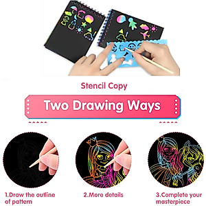 16 Pack Drawing Notebook Set, Scratch Art Paper Rainbow Mini Notes, Sketch Drawing Pad for Kids Party Favors（with 16 Wooden Stylus & 4 Drawing Stencils）