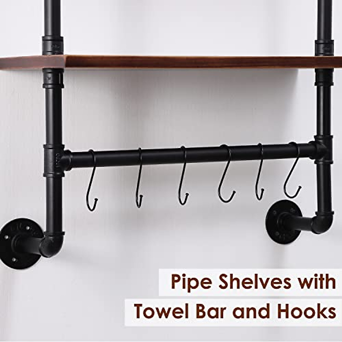 Marsmiles Industrial Pipe Shelves Wall Mounted, 24 Inch Wall Shelves Rustic Farmhouse Bathroom Shelves with Towel Bar and Hooks, 3 Tier Bookshelf Floating Wall Shelves for Kitchen Bar Living Room