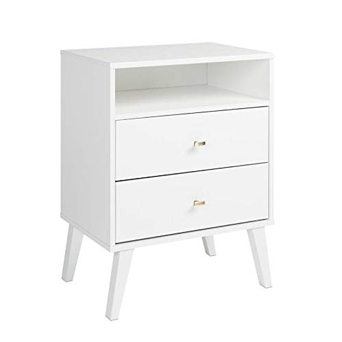 Prepac Milo Mid-Century 6 Drawer Double Dresser for Bedroom, 16" D x 52.50" W x 33" H, White & Milo Mid-Century Modern 2 Drawer Nightstand with Open Shelf, 16" D x 22.5" W x 29.5" H, White