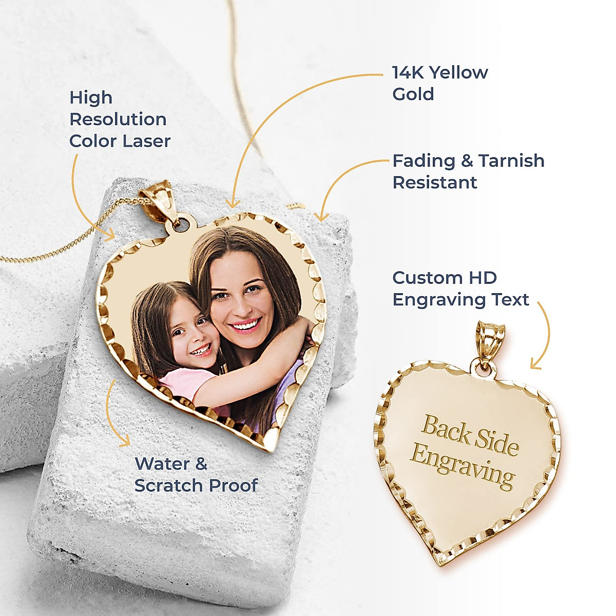 PicturesOnGold Personalized Photo Engraved Heart Shaped Picture Necklace with Diamond Cut Edge - 1 Inch x 1 Inch - 14k Yellow Gold w/Backside Engraving