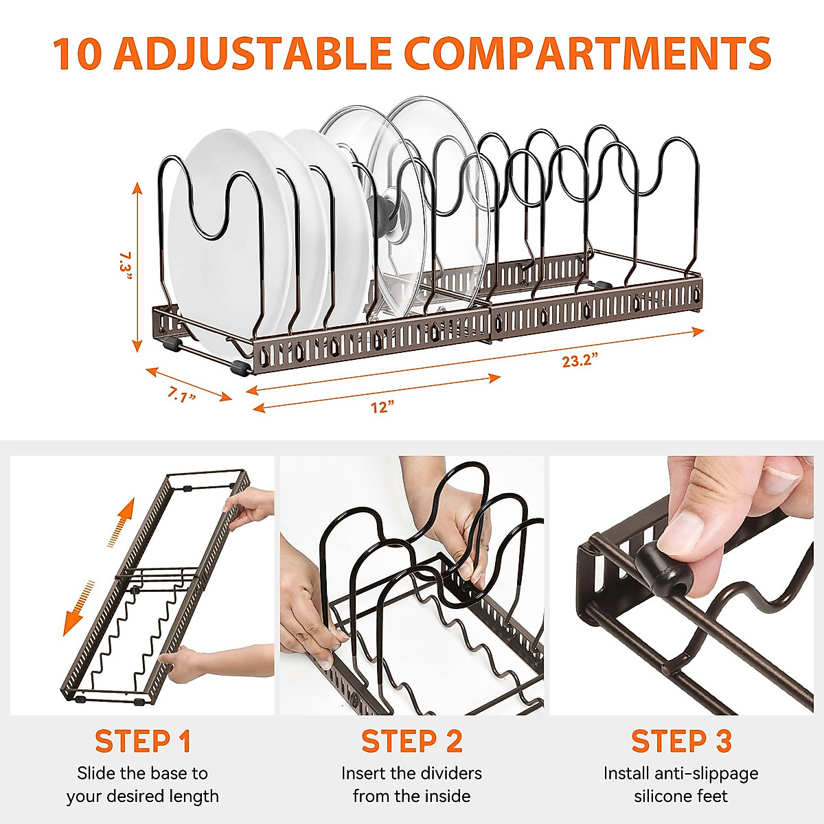 AHNR Expandable Pot and Pan Organizers Rack, 10+ Pans and Pots Lid Organizer Rack Holder, Kitchen Cabinet Pantry Bakeware Organizer Rack Holder with 10 Adjustable Compartments (Bronze)