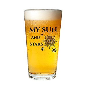 Moon of My Life My Sun and Stars Wine and Beer Glass Set for GOT Fan Couples- 12.75 oz Wine Glass & 16 oz Beer Pint Glass- Present for Mom and Dad- Inspired by GOT- Husband Wife Gift