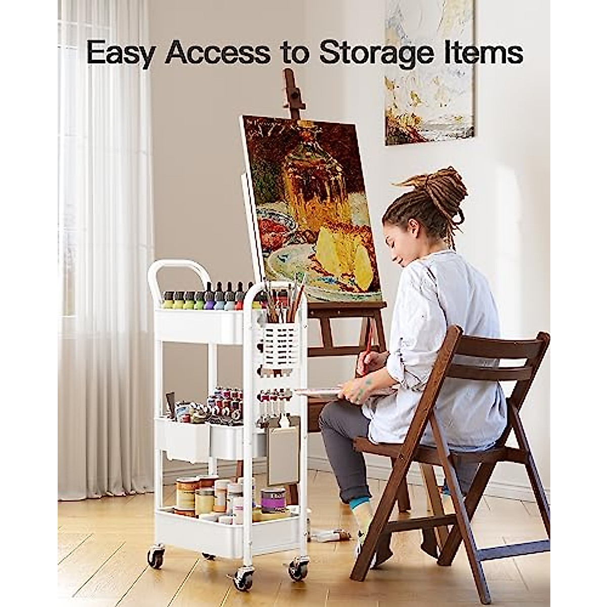 Pipishell 3-Tier Rolling Cart, Metal Utility Cart with Pegboard, Lockable Wheels & U-Shaped Handle, Storage Cart with 2 Hanging Cups & 4 Hooks for Living Room, Bedroom, Kitchen, Office (White)