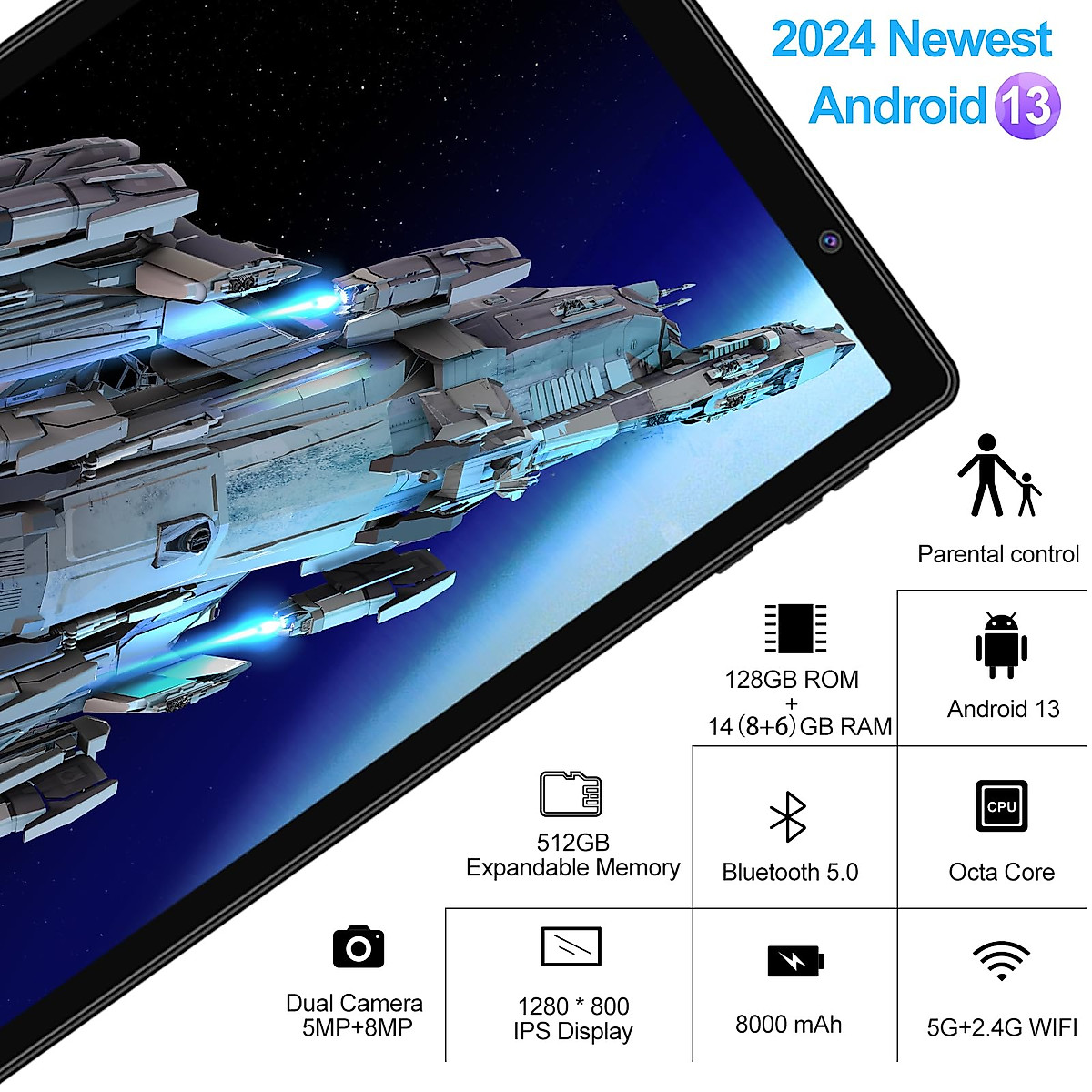 2024 Tablet 10 inch Android 13 Tablets with Octa-Core, 14GB RAM 128GB ROM, 8000mAh Battery, Drop-Proof Case, TF 512GB, HD IPS Touchscreen, 5G/2.4G WiFi, Bluetooth 5.0, GPS, Split Screen Support -Black
