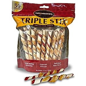 KTR Ruff & WHISKERZ Triple Stix Rawhide Treat for Dog | Made with Real Beef Hide and Chicken | Satisfies Dogs Craving to Chew | 50 Count