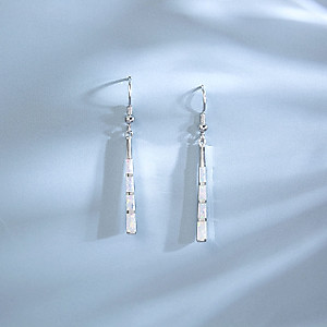 FANCIME 925 Sterling Silver White Opal Earrings Dainty Long Striped Drop Hypoallergenic Earrings October Birthstone Fine Jewelry for Women